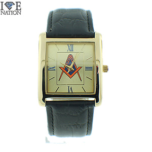 Gold Tone Leather Band Masonic Men's Watch - Wholesale Masonic Watches